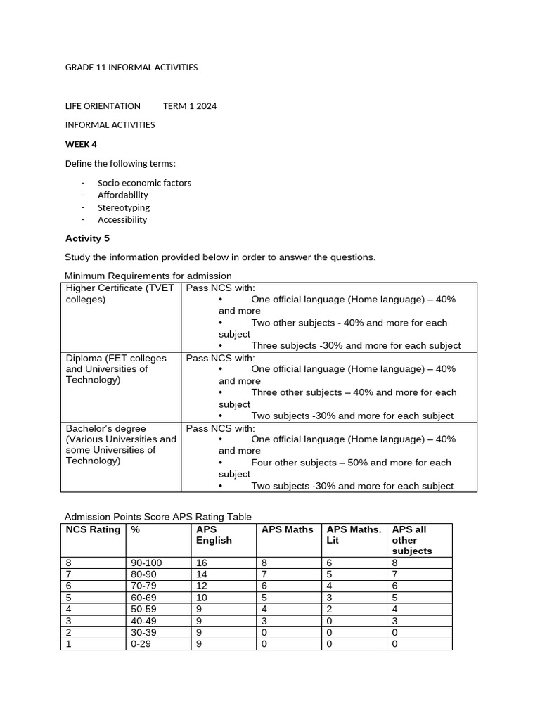 Grade 11 Informal Activities | PDF