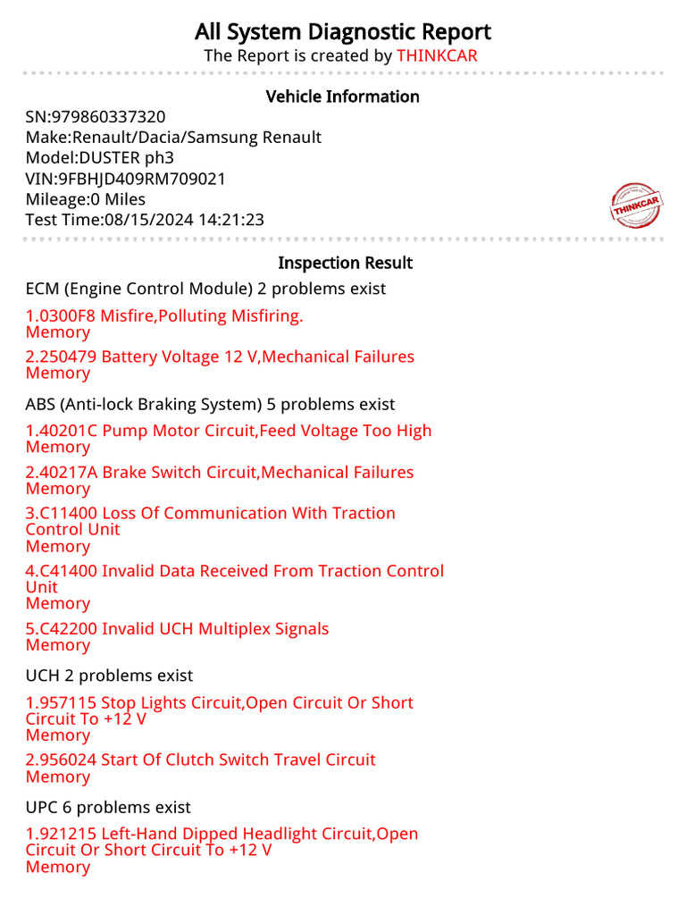 Renault Duster Diagnostic Report Summary | PDF