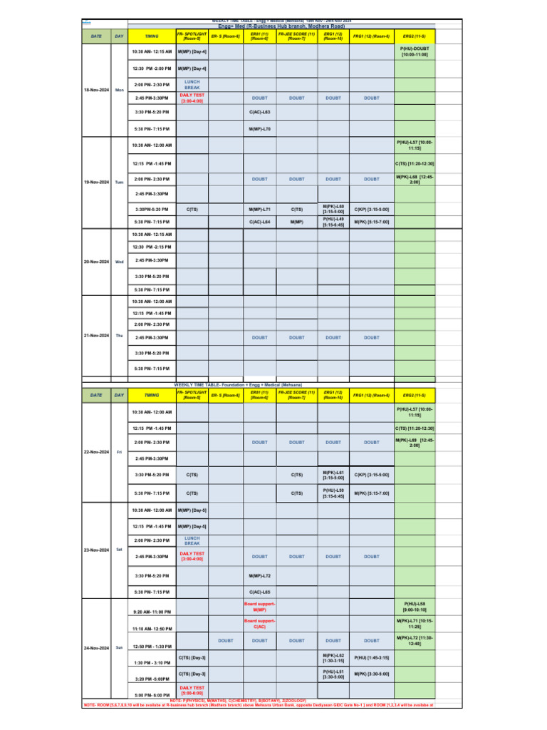 WEEKLY TIME TABLE - Engineering (18th Nov - 24th Nov 2024) | PDF