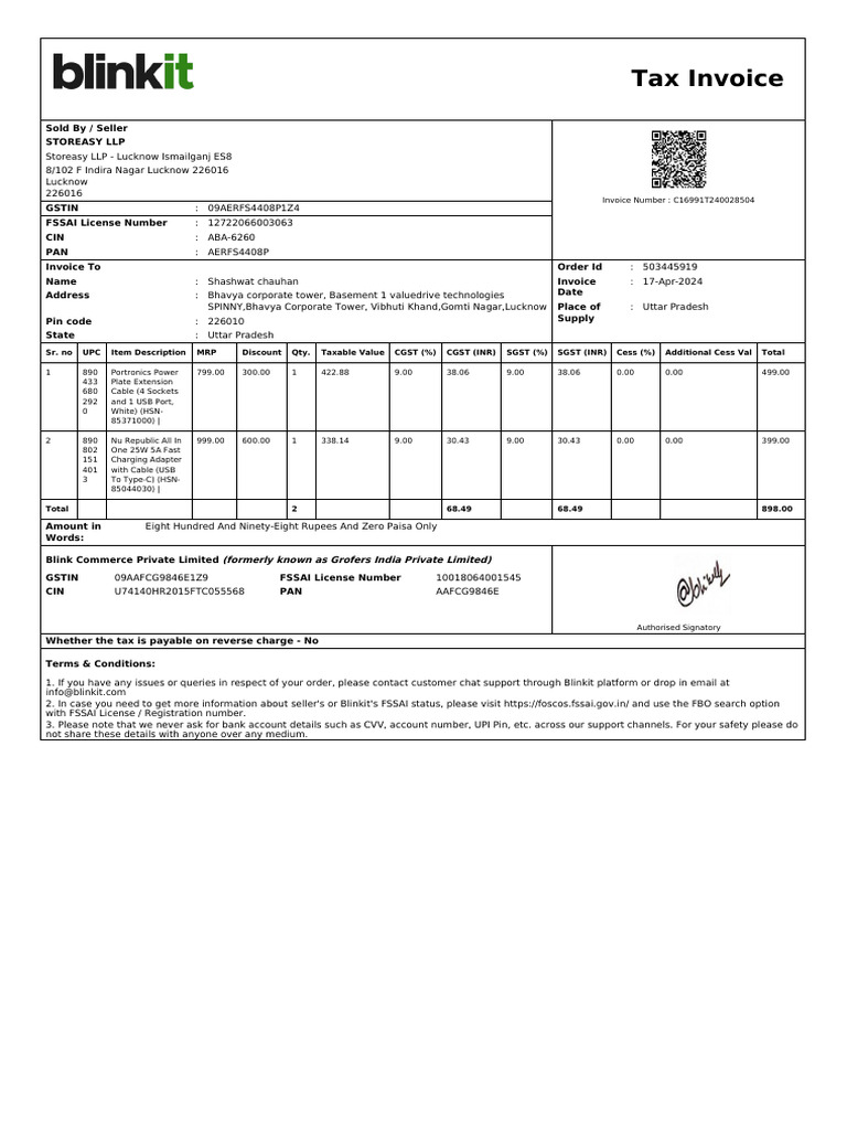 Tax Invoice from Storeasy LLP | PDF | Invoice | Taxes