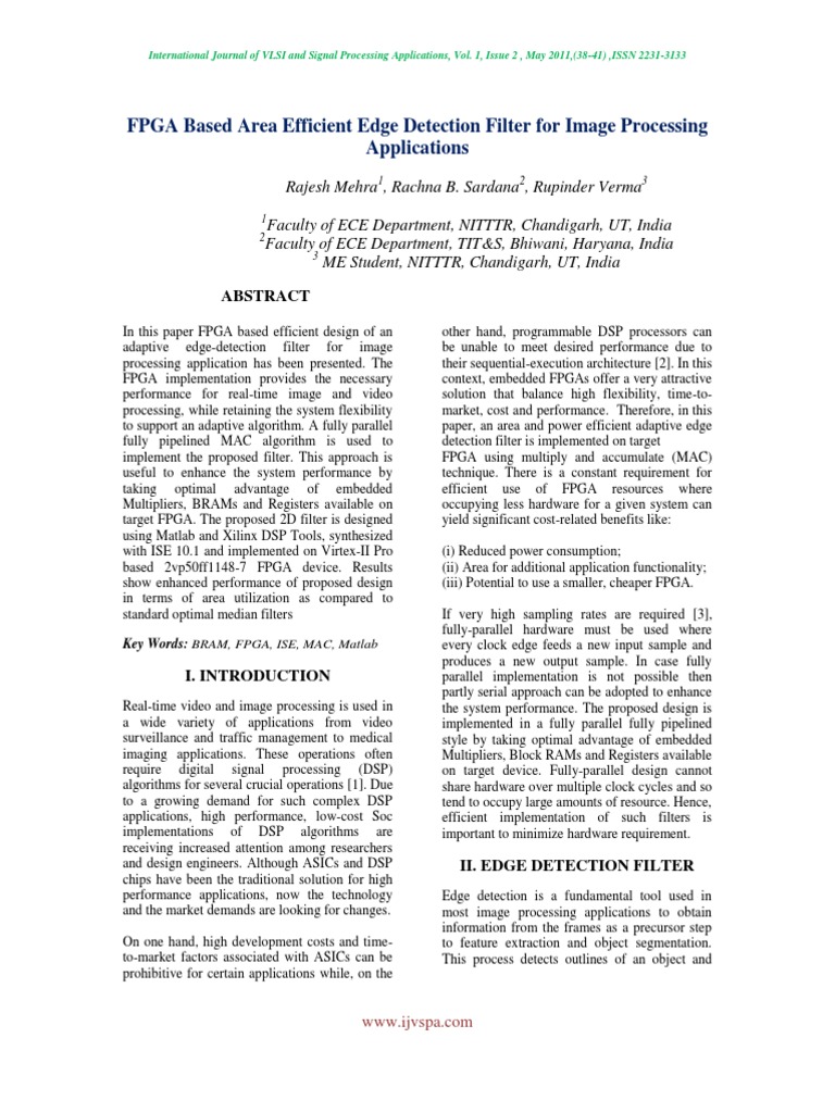 Fpga Based Area Efficient Edge Detection Filter For Image Processing Applications Pdf Field