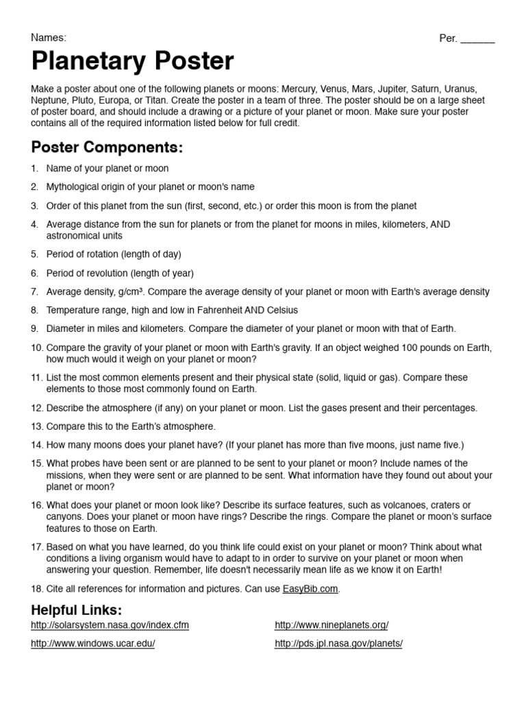 Planetary Poster Project Rubric | PDF | Planets | Moon