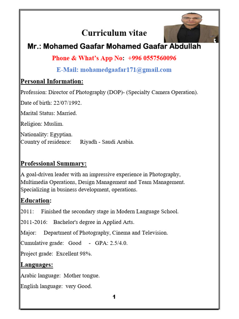 Mr-Mohamed Gaafar Abdullah - (DOP) - Saudi MBC - CV | PDF