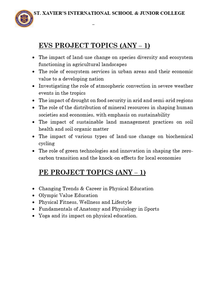 Evs & Pe Project Topics For 12th Students. | PDF