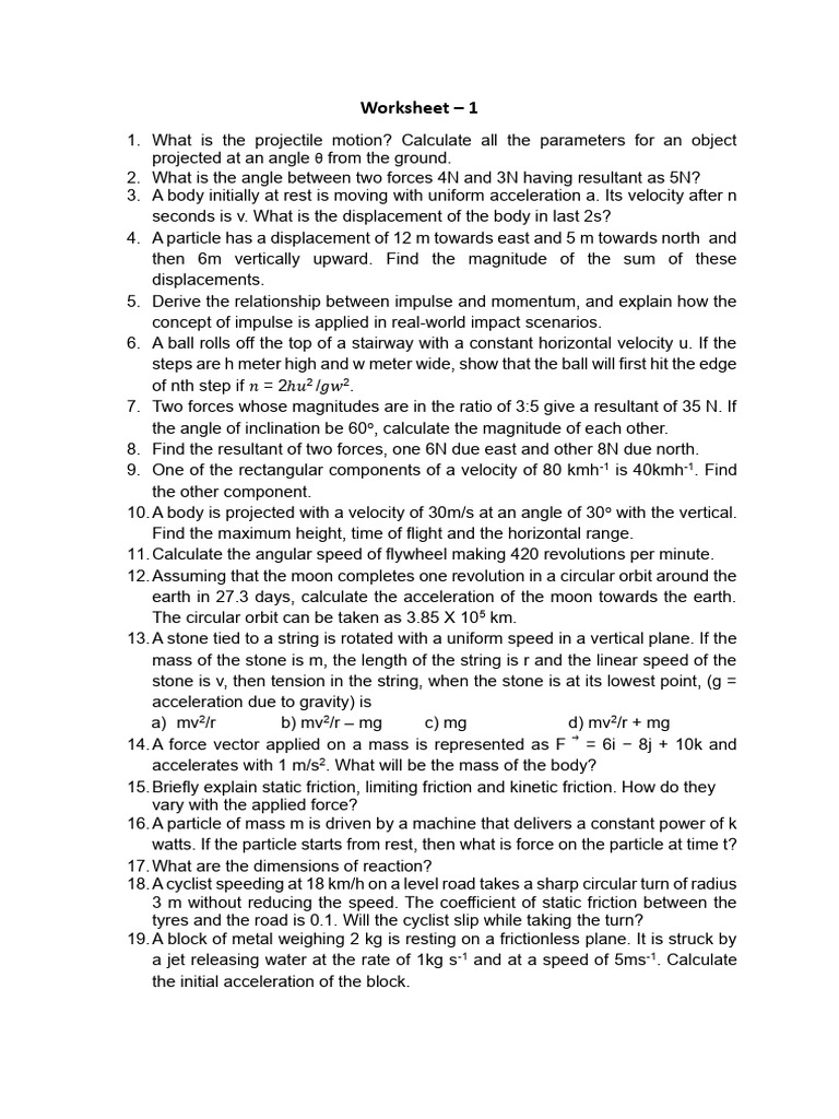 Worksheet 1 (Chapters Before HY), Class XI | PDF | Force | Momentum
