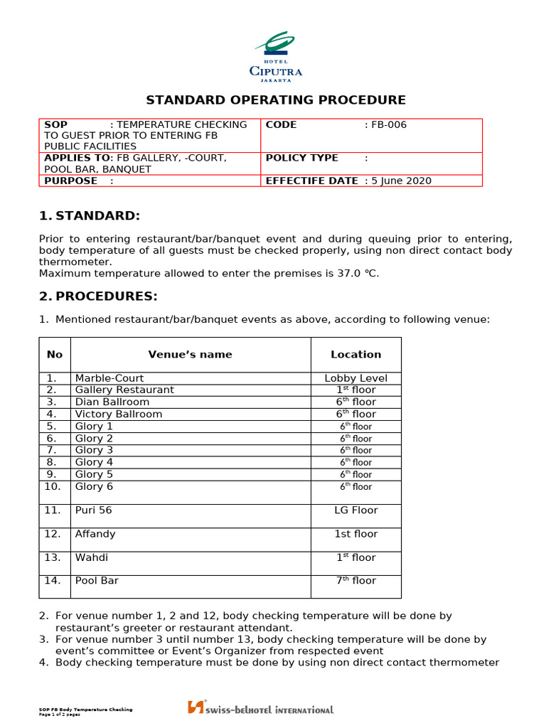 Guest Temperature Check SOP for FB Venues | PDF | Thermodynamic Properties