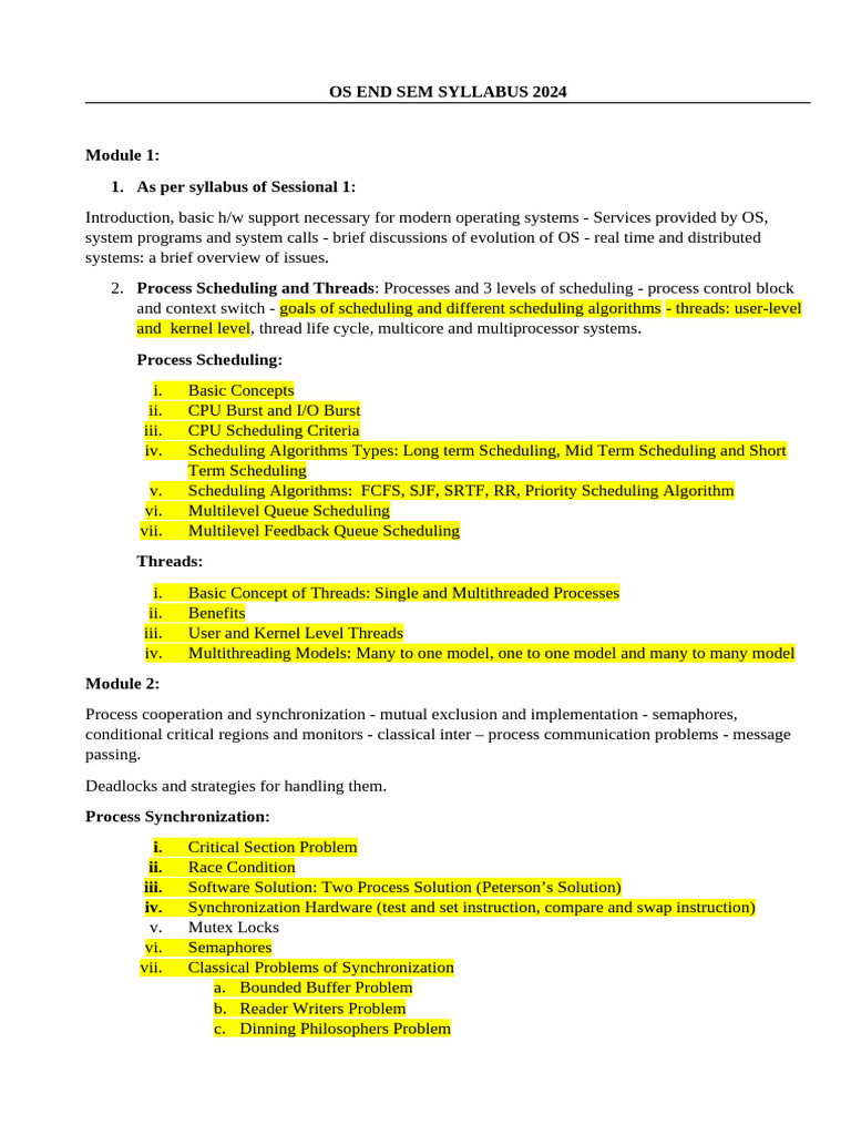 Os End Sem Syllabus 2024 Pdf Scheduling Computing Thread Computing 6792