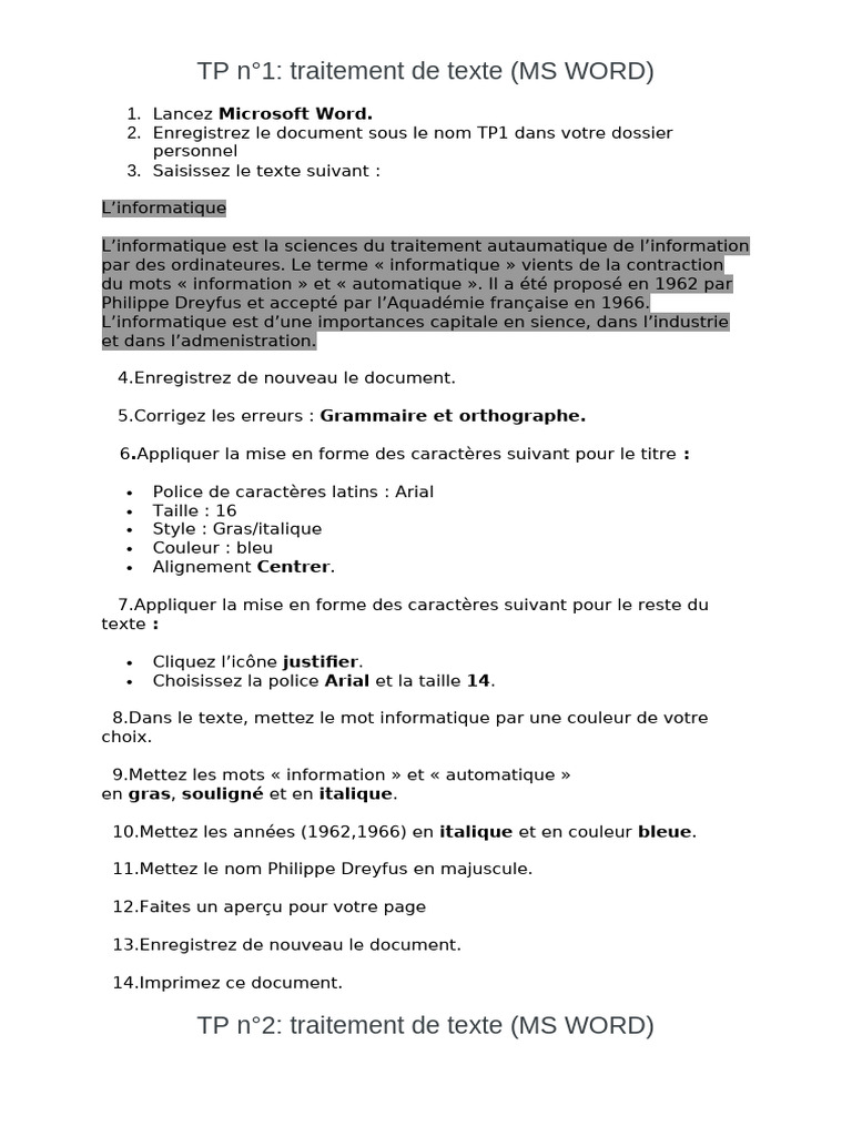 TP N°1: Traitement de Texte (MS WORD) | PDF | Microsoft Word | Informatique