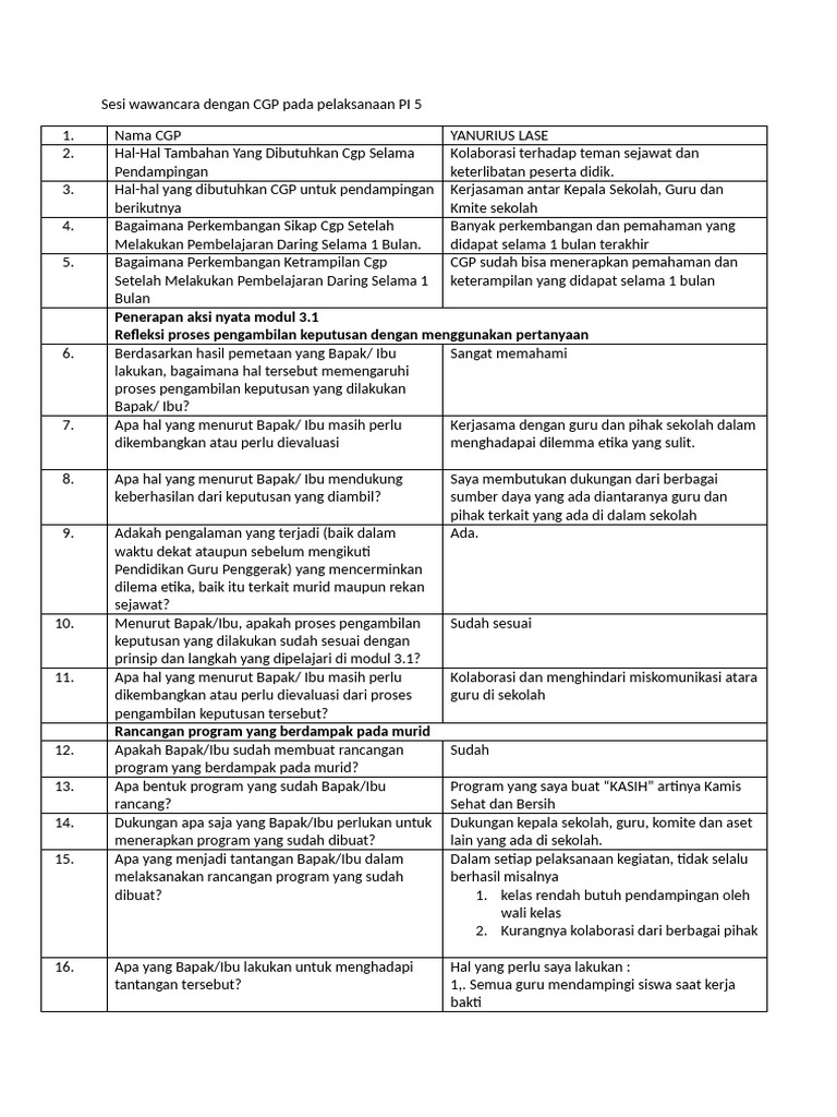 Materi Wawancara CGP Pelaksnaan Pi 5 | PDF