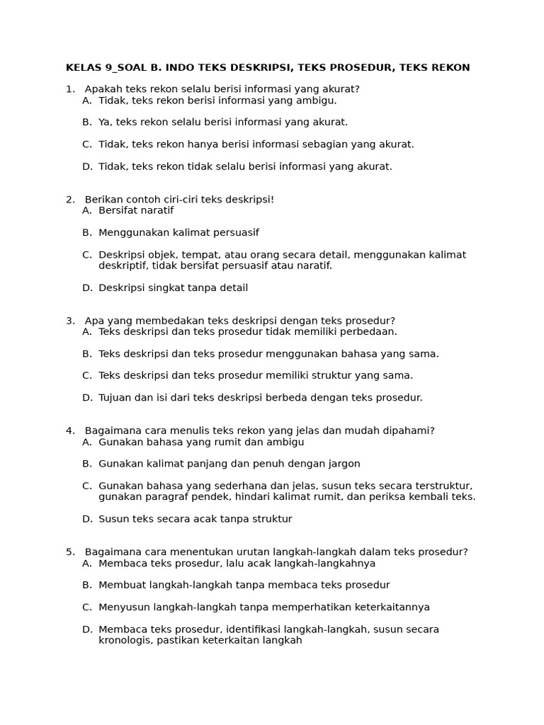 Kelas 9 - Soal B. Indo Teks Deskripsi, Teks Prosedur, Teks Rekon (Kamis ...