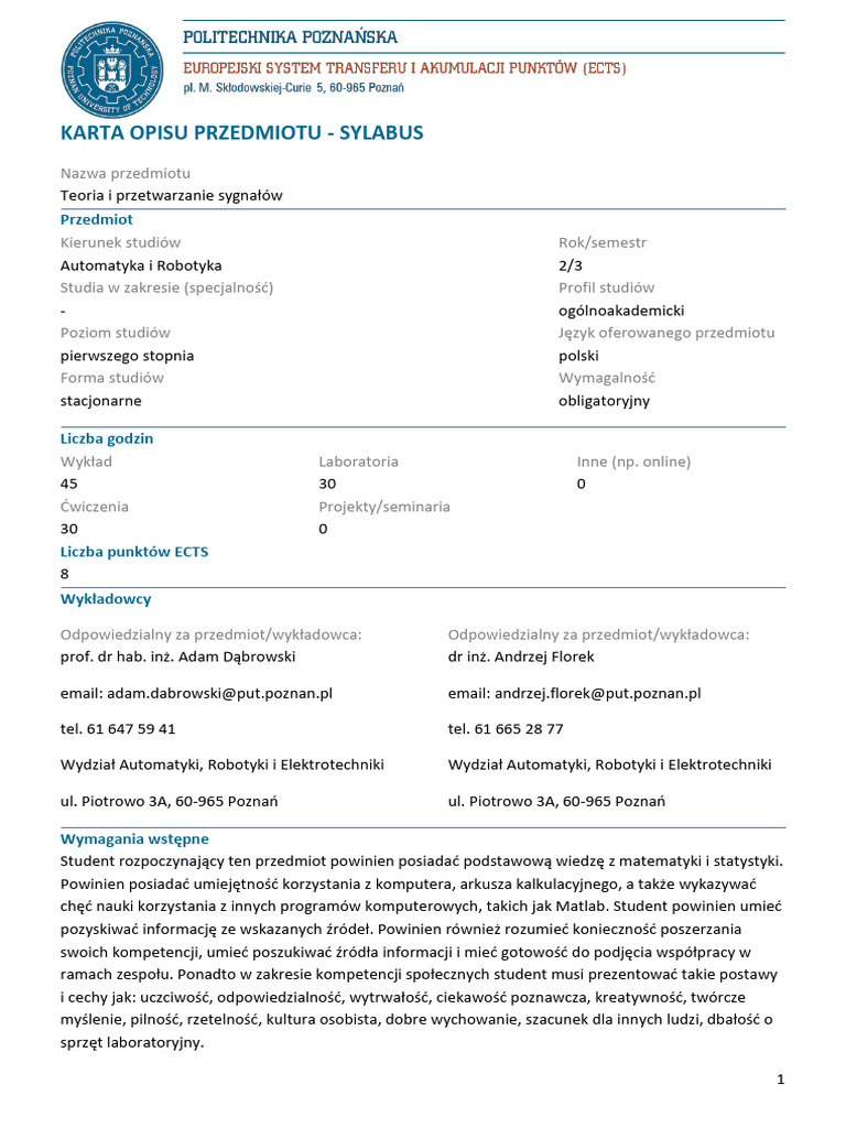 Karta Opisu Przedmiotu TPS | PDF