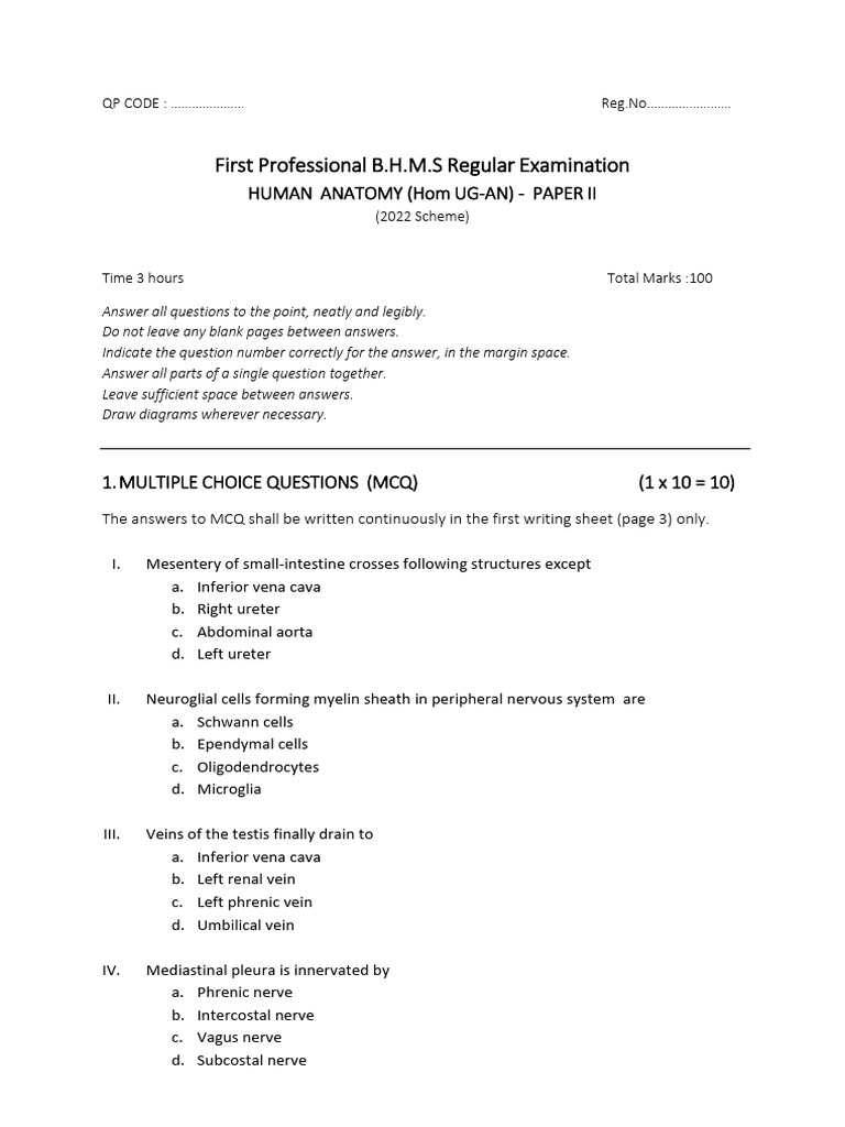 BHMS 1st Year Anatomy Question Paper 2022 | PDF | Vein | Knee