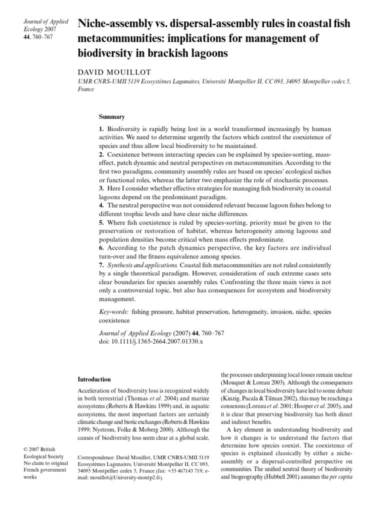 Journal of Applied Ecology - 2007 - MOUILLOT - Niche Assembly Vs Dispersal Assembly Rules in ...