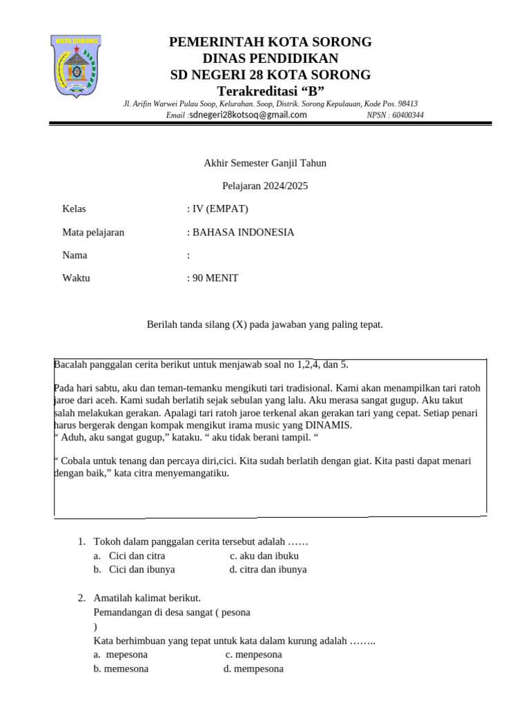 Soal Pas Semster 1 Bindo | PDF