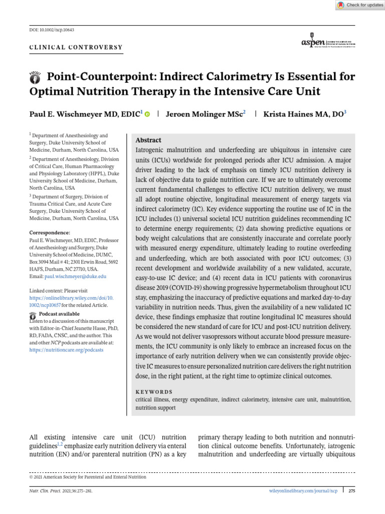 Point-Counterpoint - Indirect Calorimetry Is Essential For Optimal Nutrition Therapy in The ...