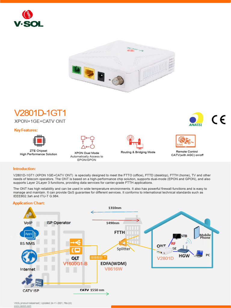 XPON ONT V2801D 1GT1 Datasheet V2.1 EN | PDF | Computer Networking | Computing