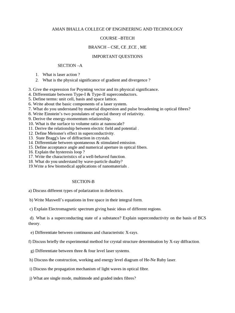 Btech Important Physics | PDF | Superconductivity | Optics