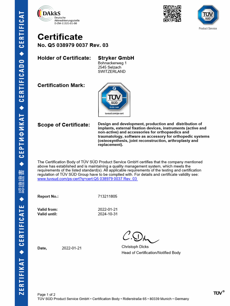 Stryker GmbH Quality Certification 2022 | PDF | Orthopedic Surgery ...