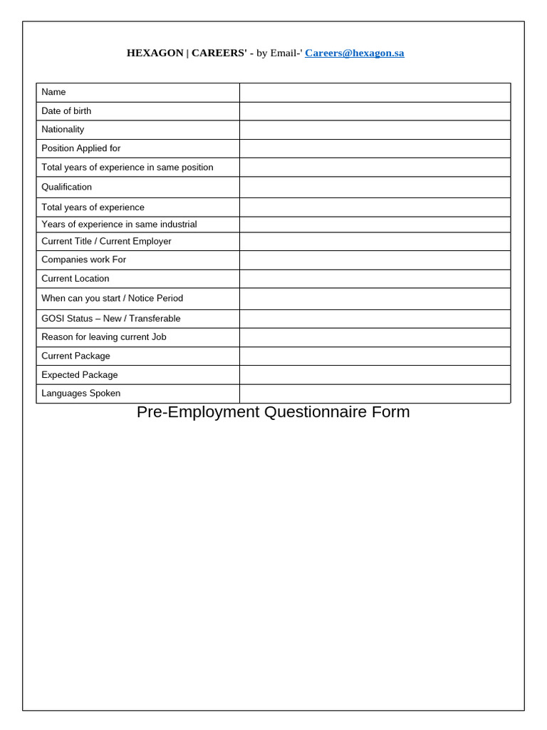 Pre-Employment Questionnaire Form | PDF