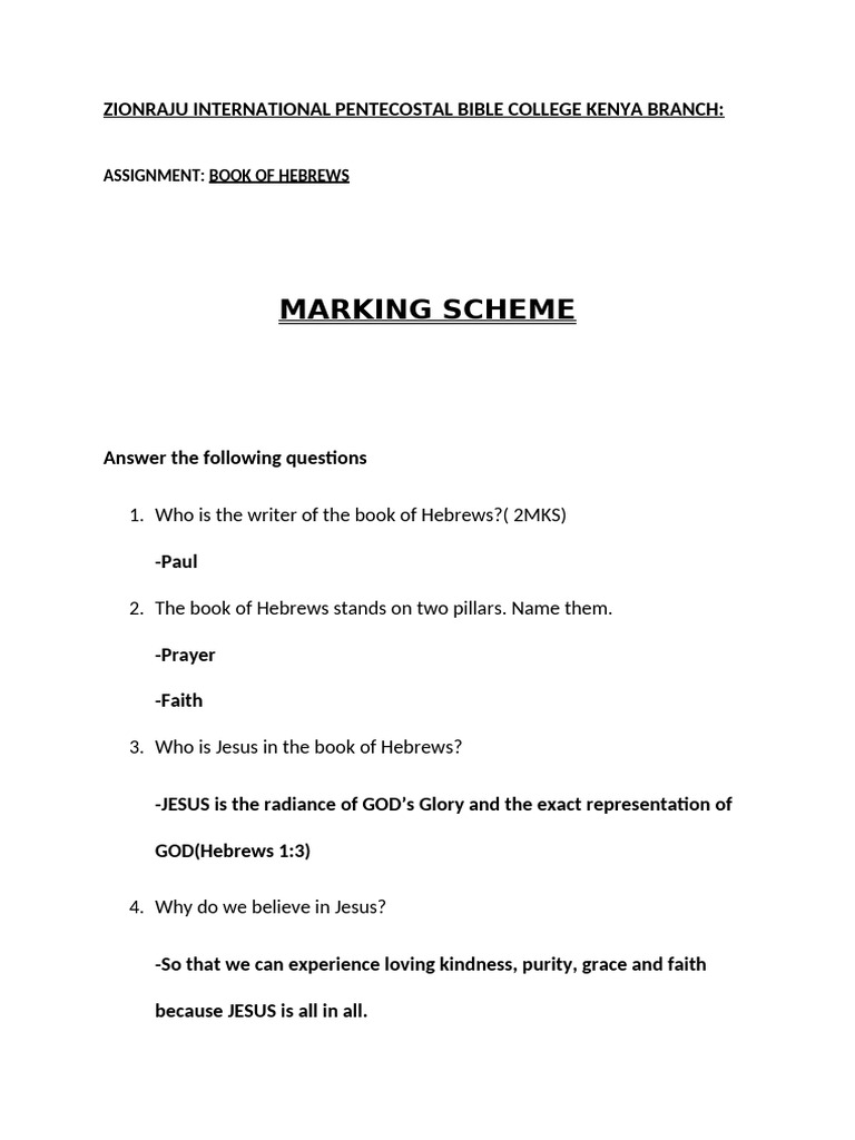 Book of Hebrew Marking Scheme | PDF | Epistle To The Hebrews | Jesus