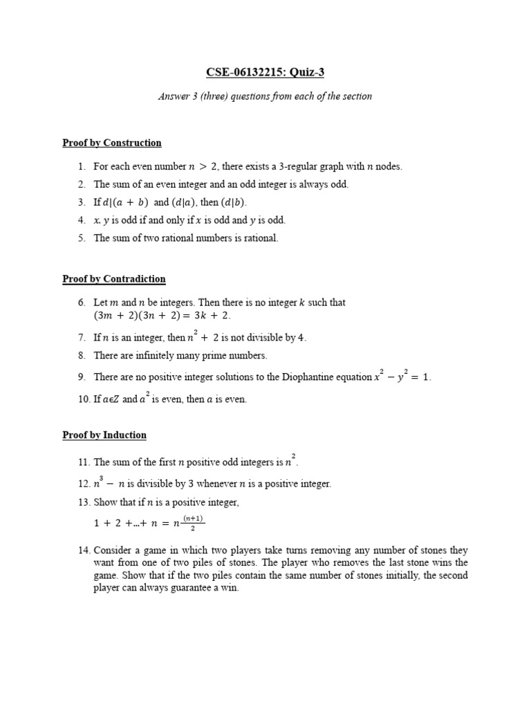 CSE-06132215: Quiz-3: Proof by Construction | PDF | Teaching Methods ...