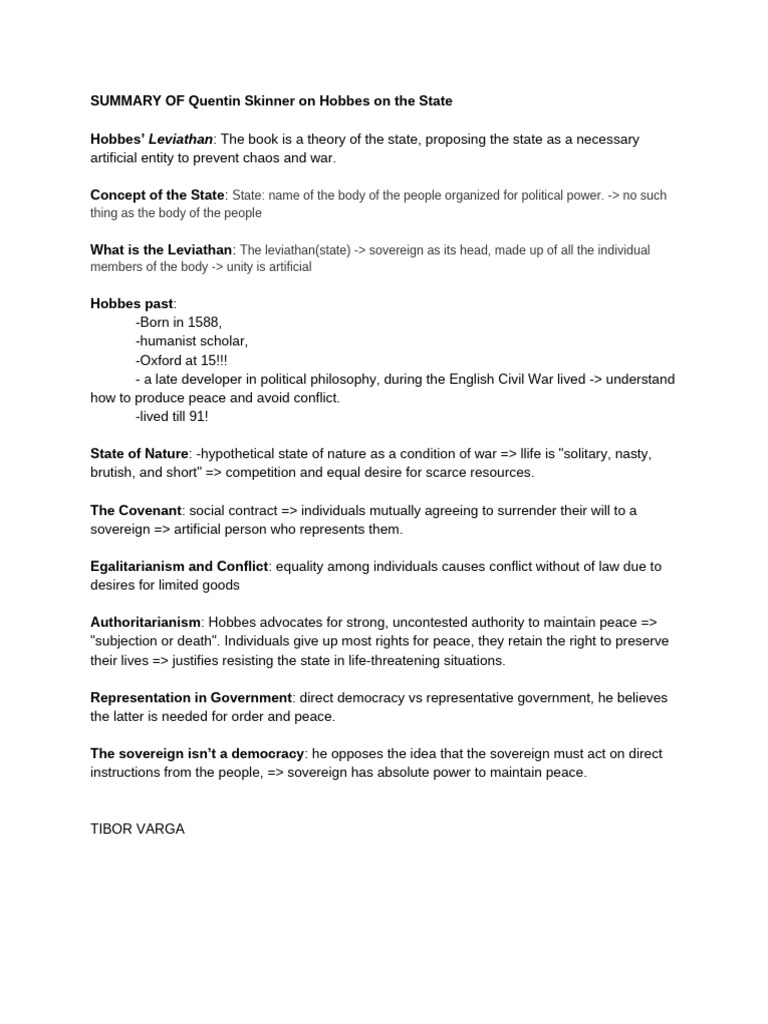 SUMMARY OF Quentin Skinner On Hobbes On The State | PDF