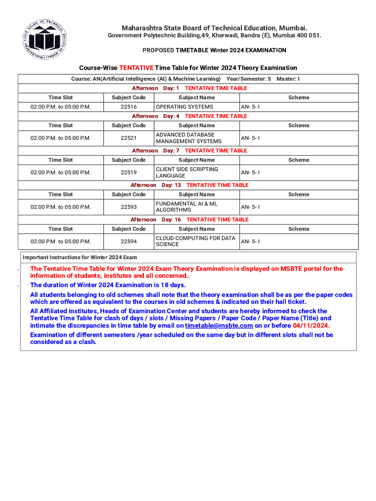 Time Table For Winter 2024 Theory Examination | PDF | Scheme ...