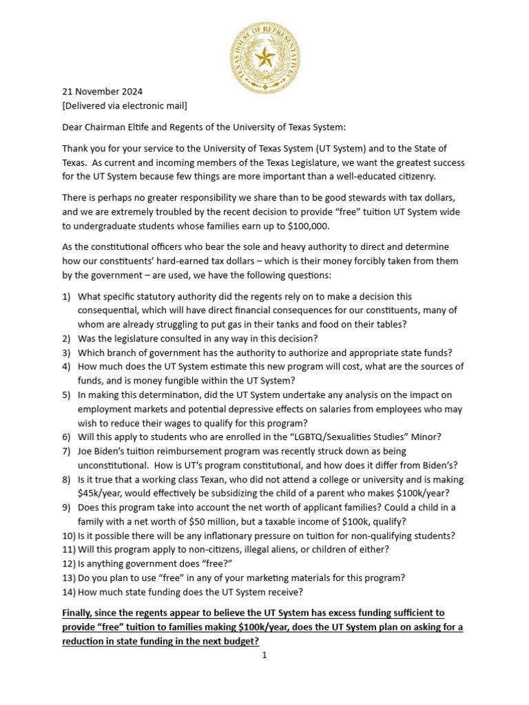 Letter To UT Regents | PDF | Taxes | Government Finances