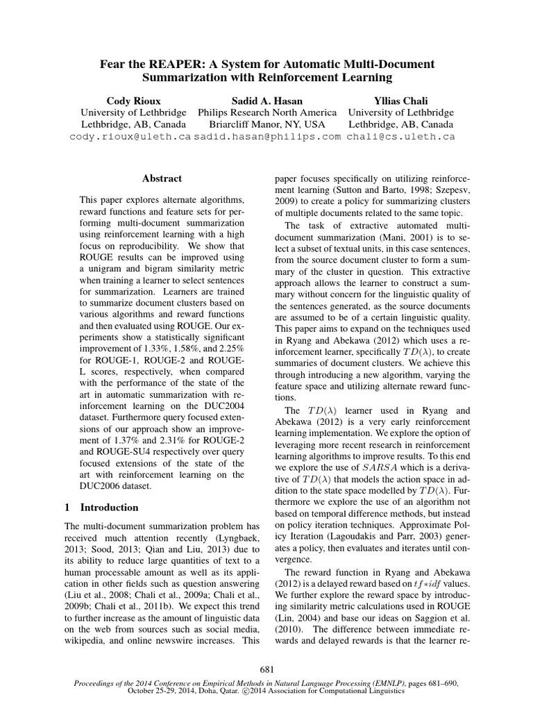 Fear The REAPER: A System For Automatic Multi-Document Summarization With Reinforcement Learning ...