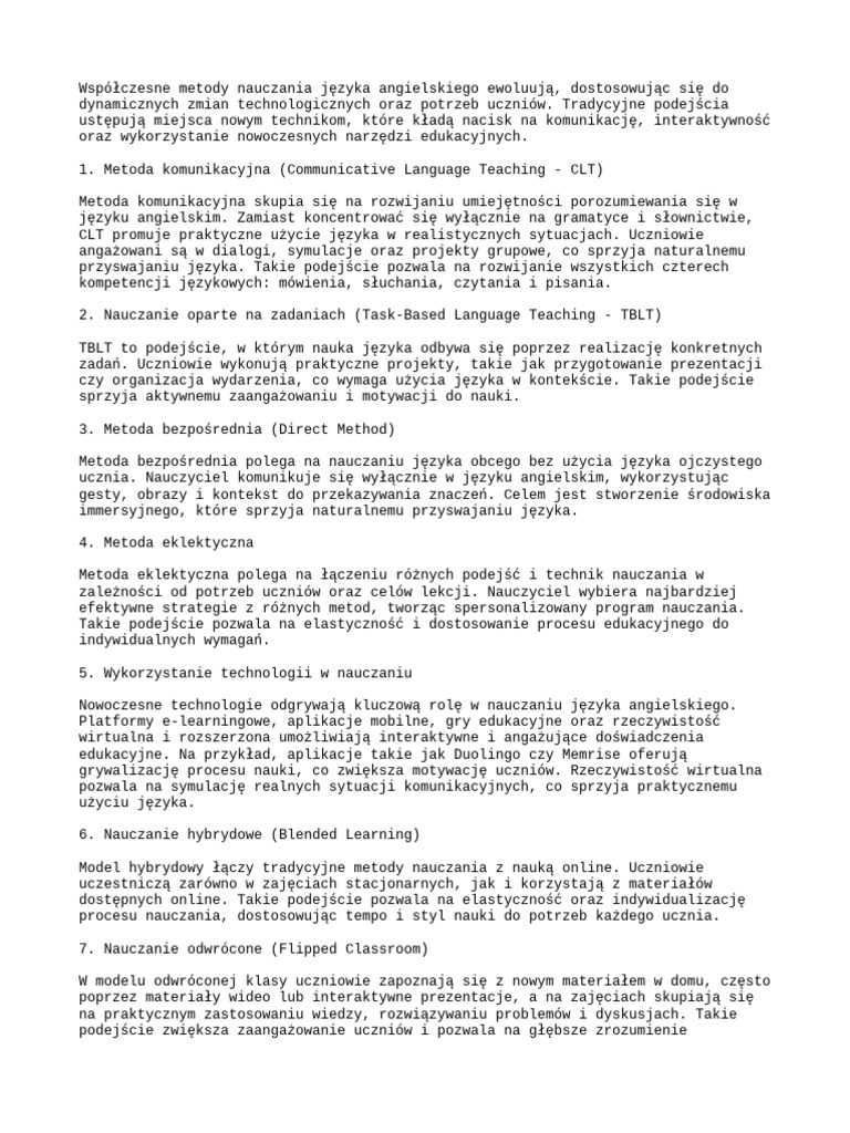Nowoczesne Metody Nauczania Języka Angielskiego 2024 | PDF