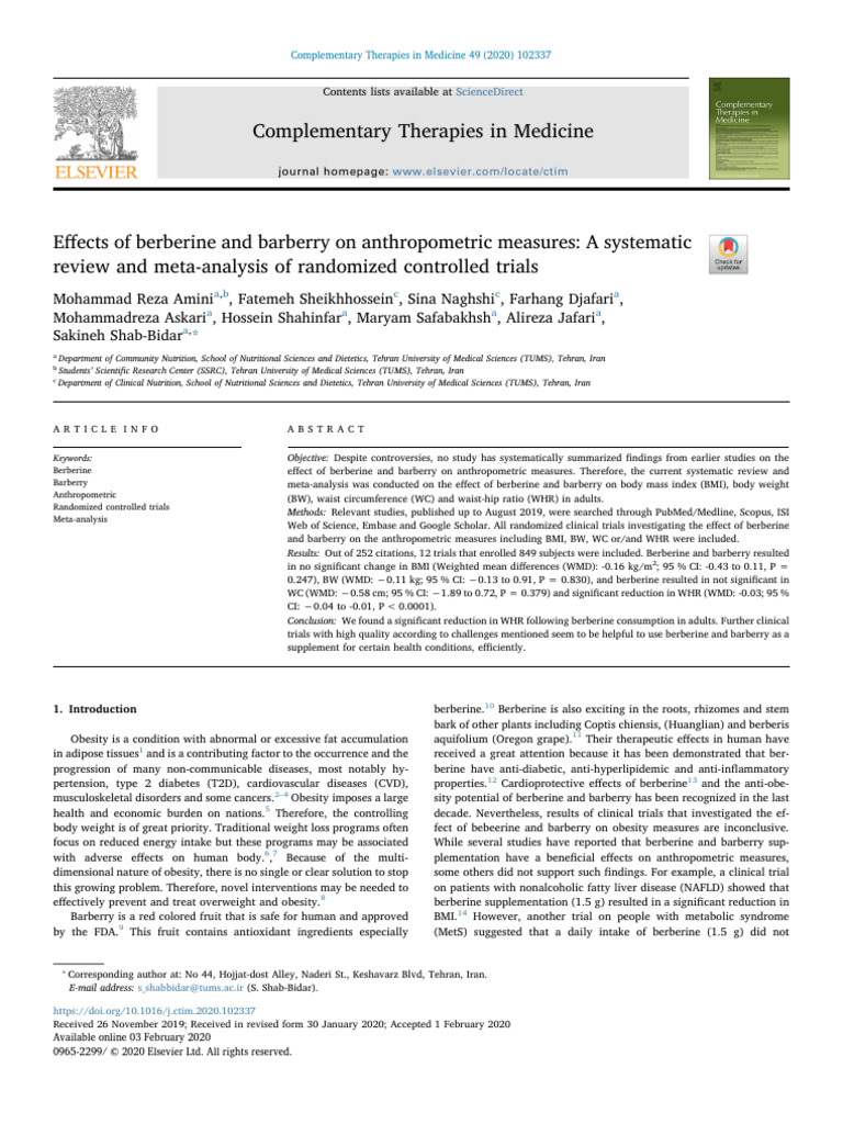 Mohammad Reza Amini Effects of Berberine and Barberry | PDF | Body Mass Index | Standard Deviation