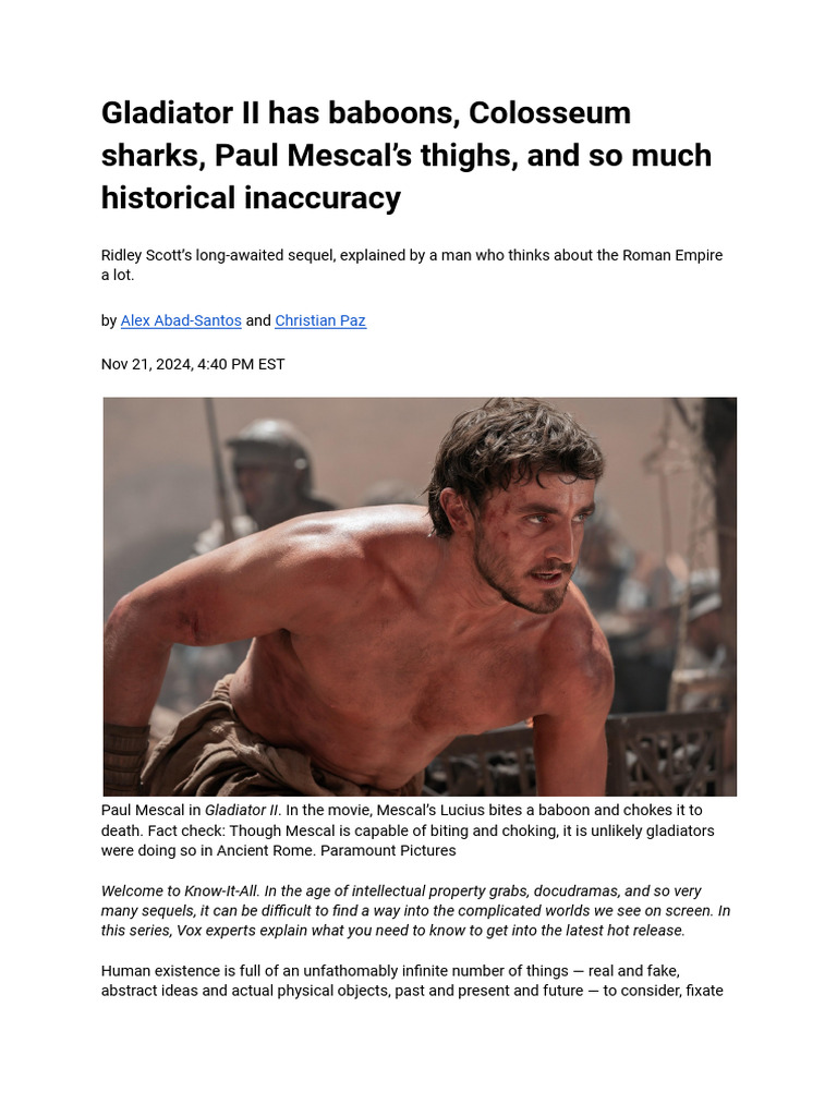 Gladiator II Has Baboons, Colosseum Sharks, Paul Mescal's Thighs, and ...