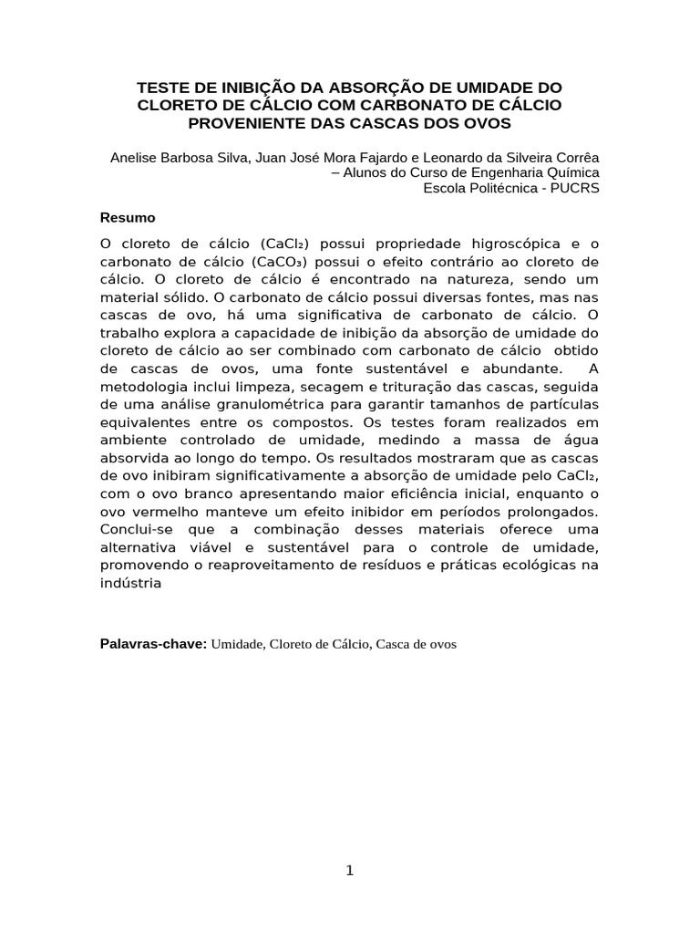 Teste de Inibição Da Absorção de Umidade Do Cloreto de Cálcio Com ...