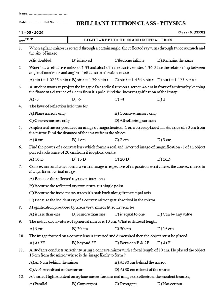 CLASS X (Light - Reflection and Refraction) 11-05-2024 (BTC CBSE) | PDF | Mirror | Optics