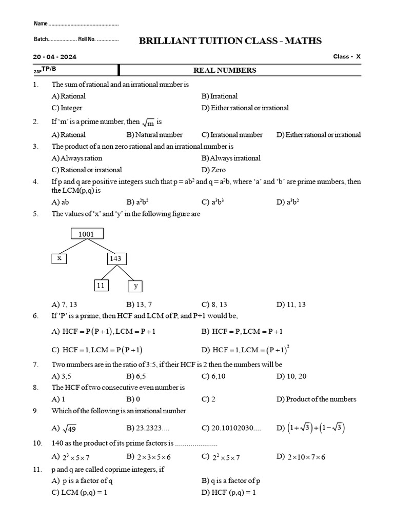 Class X Real Numbers Quiz | PDF | Rational Number | Numbers