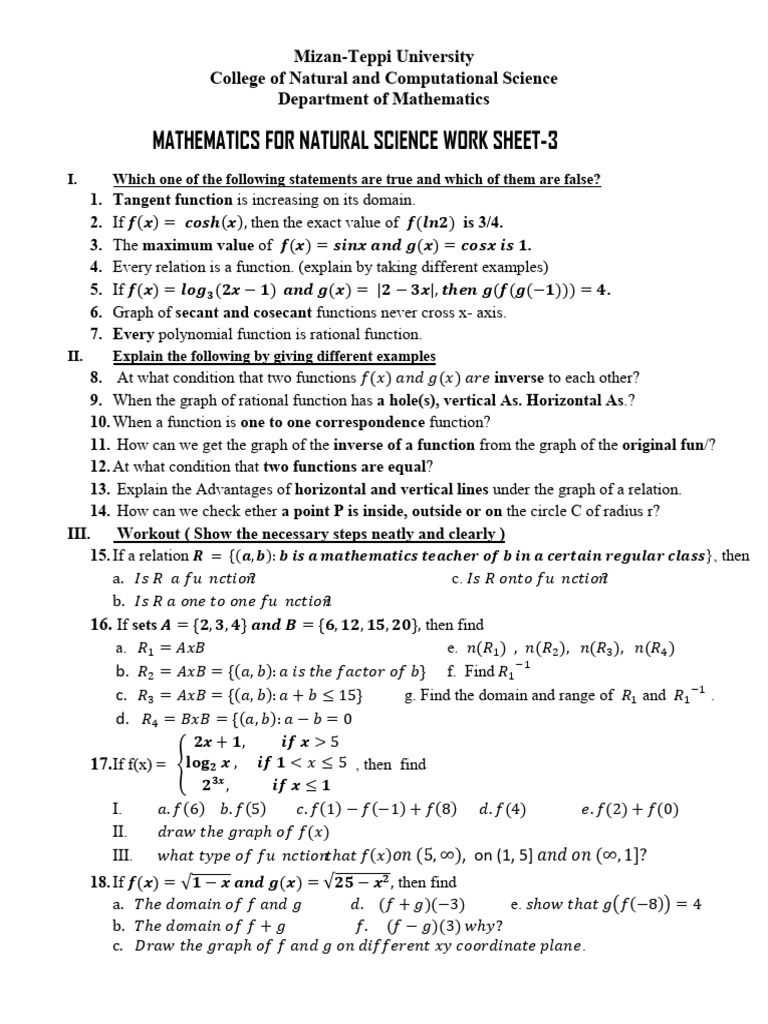 Mathematics for Natural Science Worksheet | PDF | Function (Mathematics ...