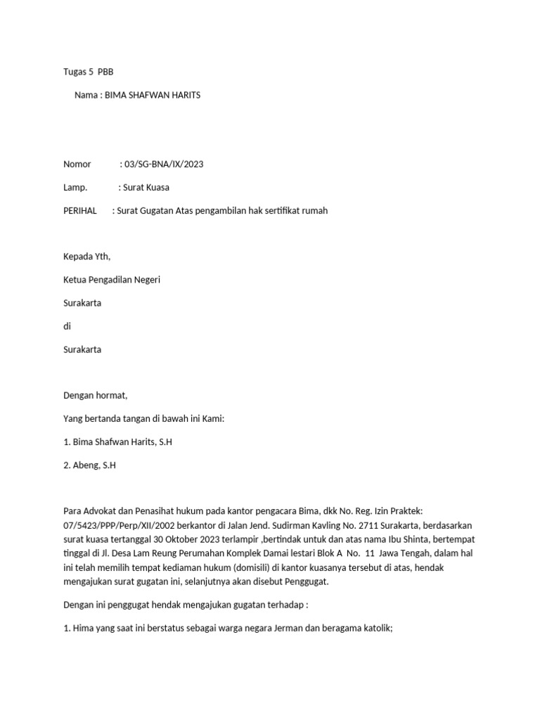 Tugas 5 PBB-Surat Kuasa Penggugat PPB BIMA | PDF