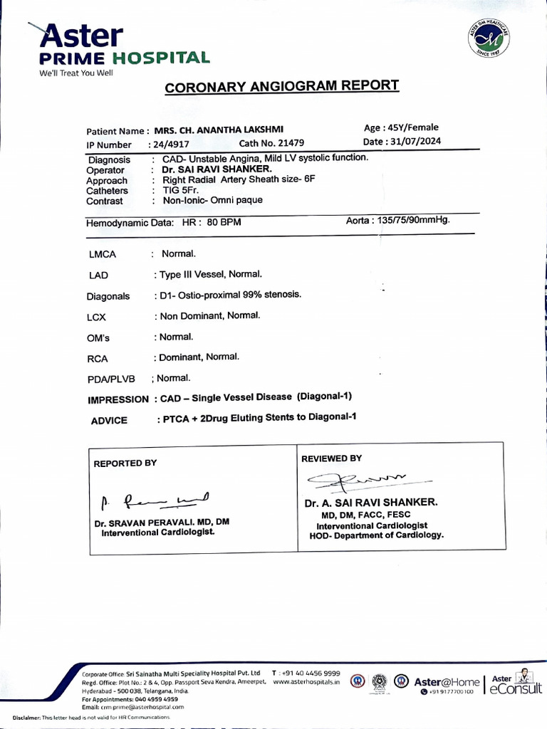 Angiogram Report Anantha Lakshmi | PDF | Cardiology | Percutaneous ...