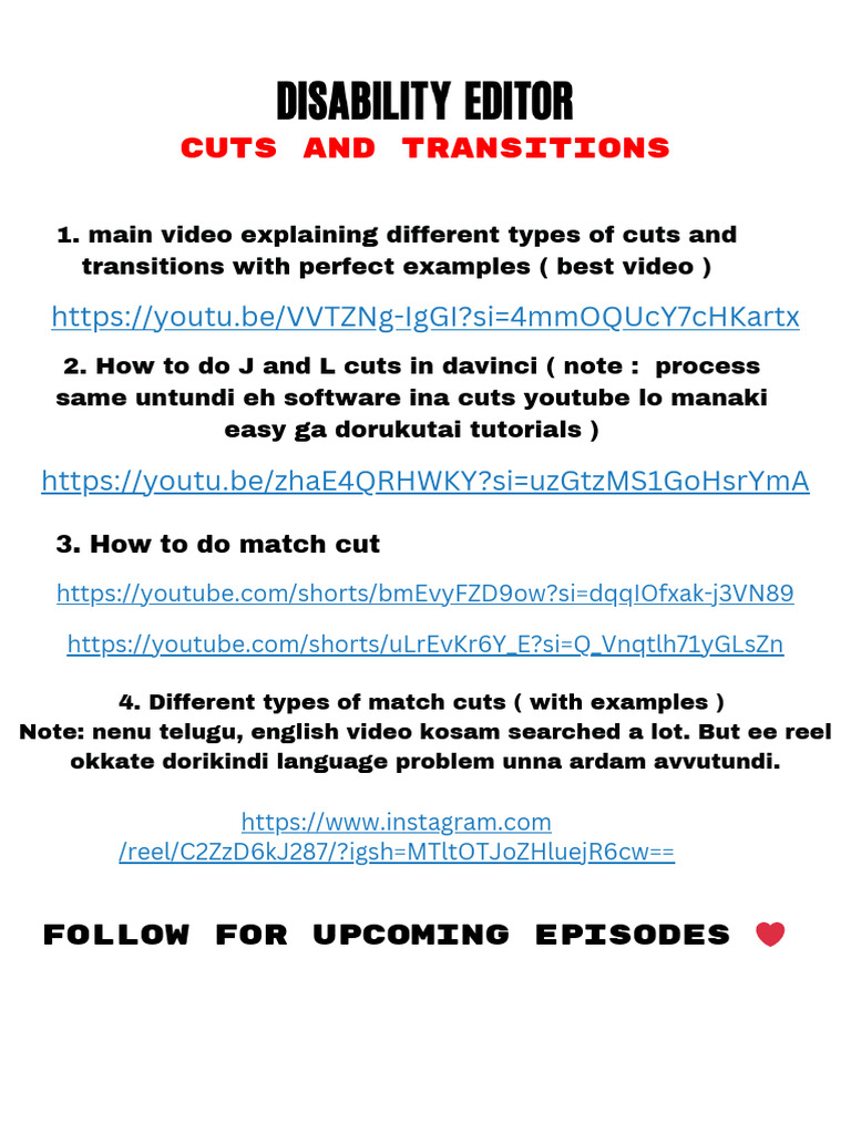 Video Editing Cuts & Transitions Guide | PDF | Language Arts ...
