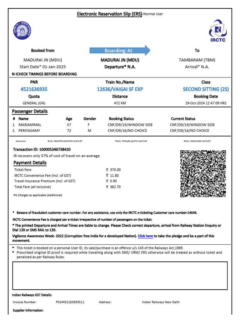 12636/vaigai SF Exp Second Sitting (2S) | PDF | Identity Document | Payments