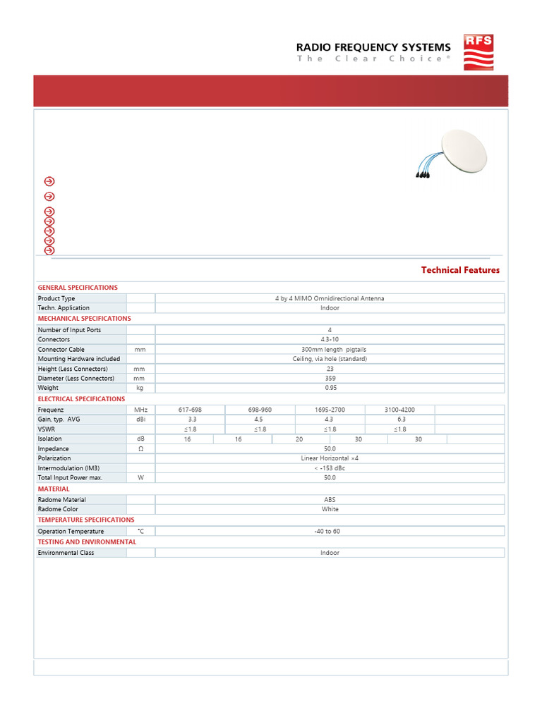 Indoor Omnidirectional 4 by 4 Mimo Antenna 617-4200 MHZ With 4.3-10 Connectors | PDF | Antenna ...