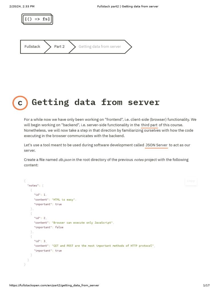 3 - Fullstack Part2 - Getting Data From Server | PDF | Java Script | Json