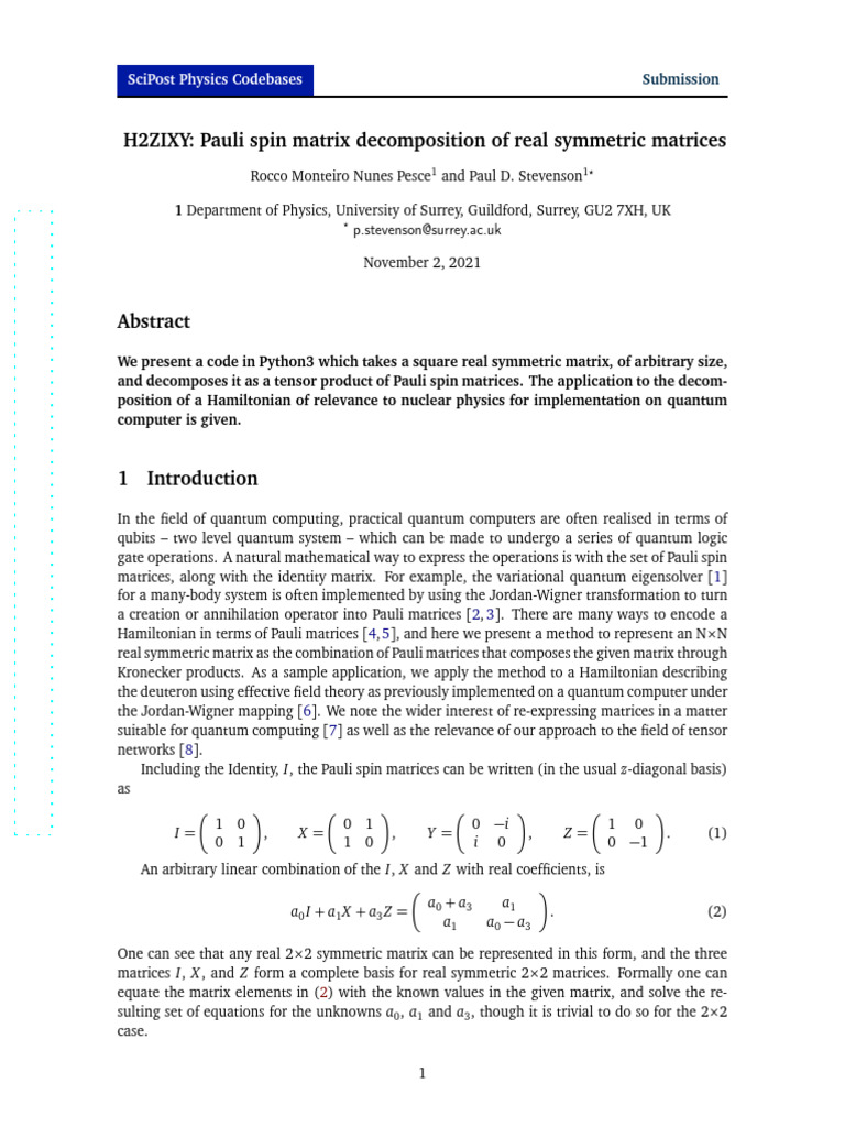 (2021.11.02) ArXiv2111.00627 H2ZIXY Pauli Spin Matrix Decomposition of Real Symmetric Matrices ...