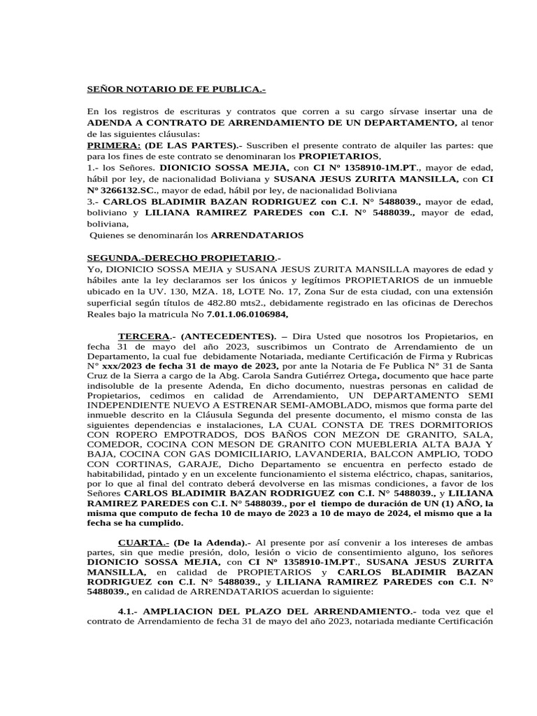 ADENDA AL CONTRATO DE ARRENDAMIENTO DE Un Departamento - DIONICIO SOSSA MEJIA | PDF | Ley común ...
