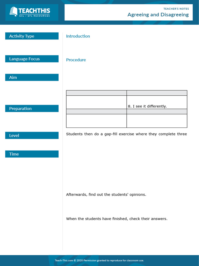 Agreeing and Disagreeing Interactive Worksheet Teachers Notes | PDF