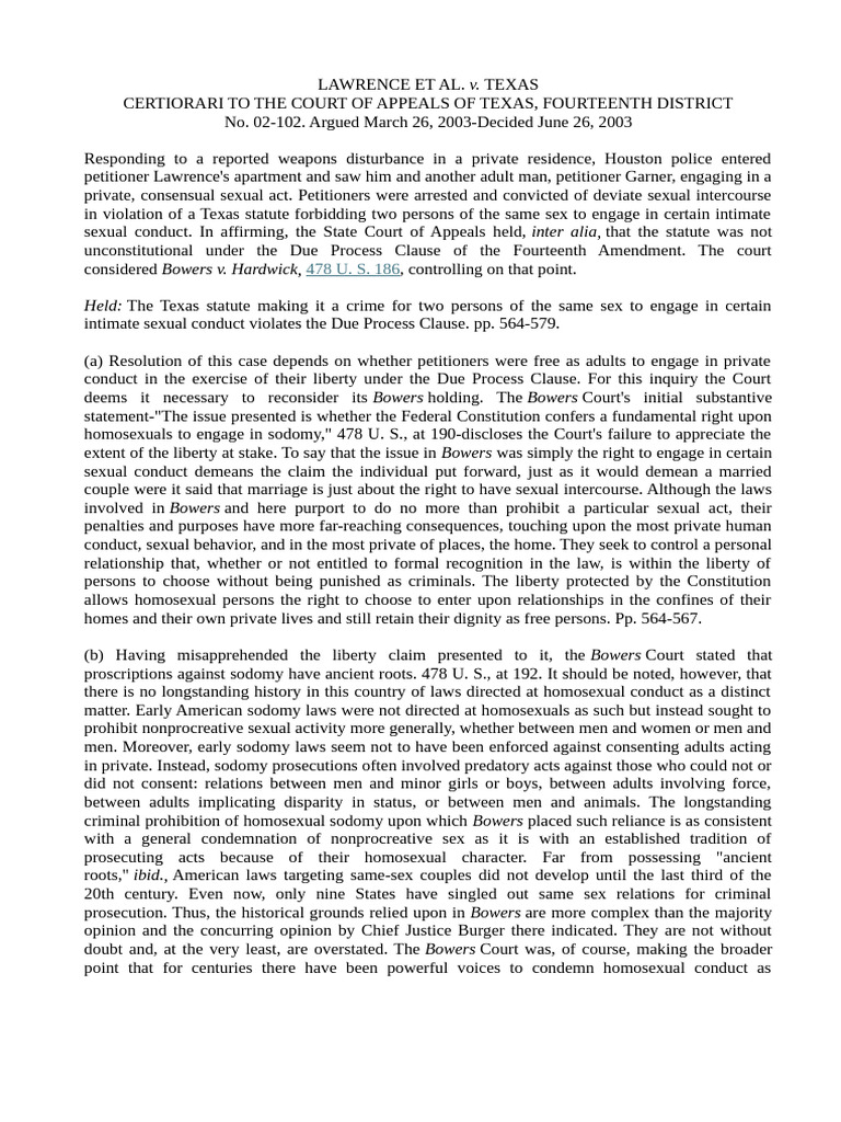 Notes Lawrence V Texas 2003 | PDF | Lawrence V. Texas | Bowers V. Hardwick