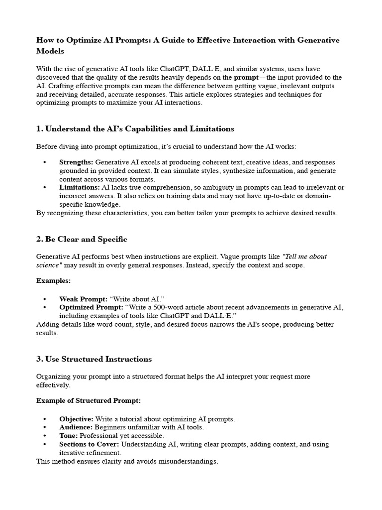 How To Optimize AI Prompts - A Guide To Effective Interaction With Generative Models | PDF ...