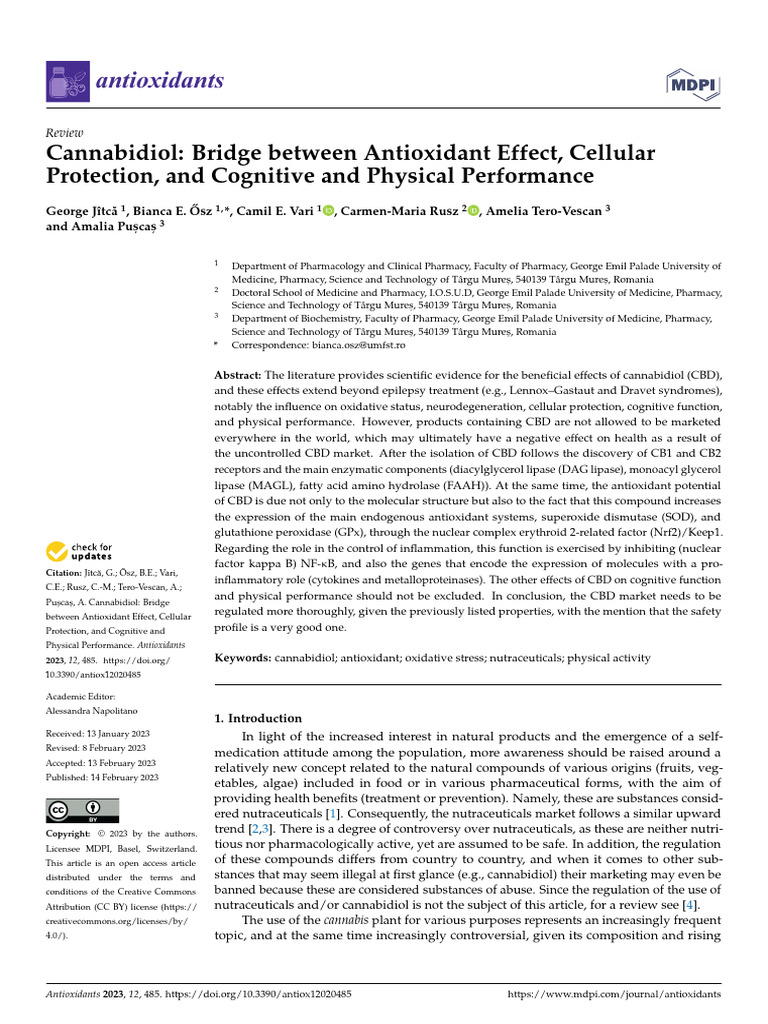 Cannabidiol Bridge Between Antioxidant Effect, Cellular Protection, and Cognitive and Physical ...