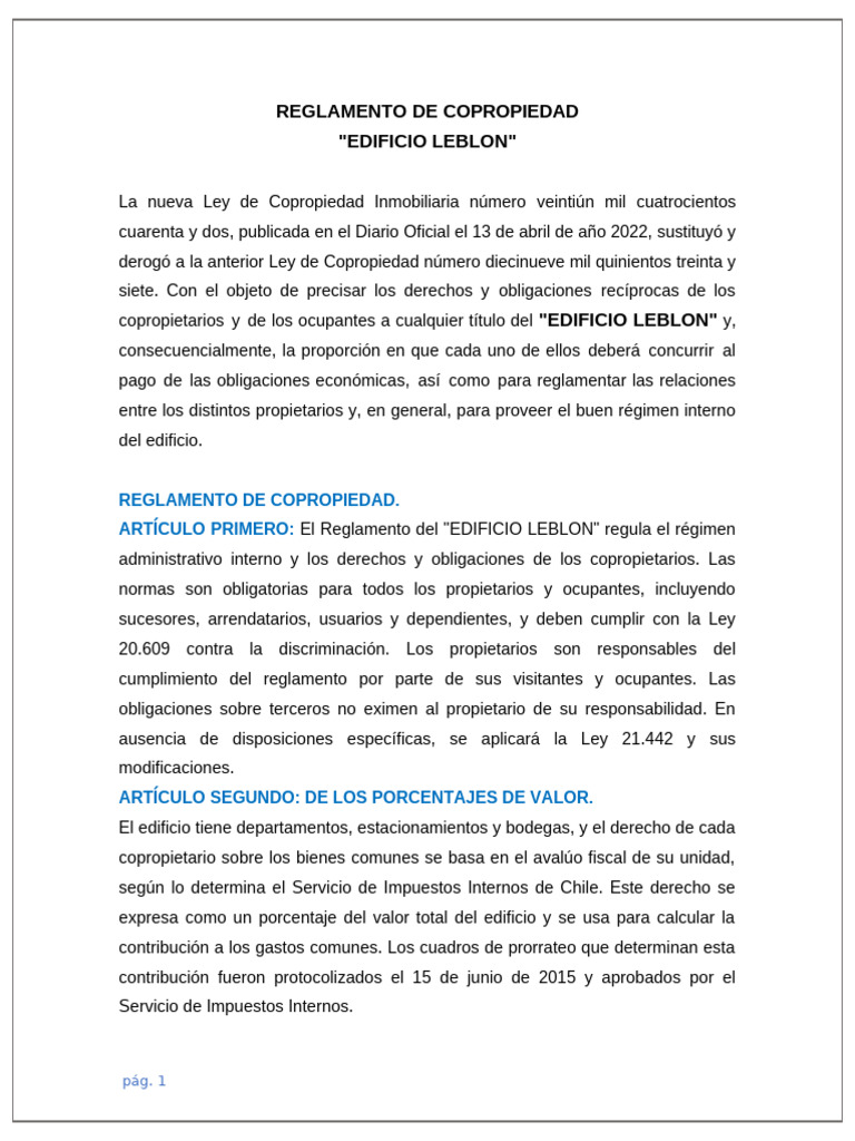 Reglamento Edificio Leblon Vfinal Ley 21.442 | PDF | Condominio | Propiedad