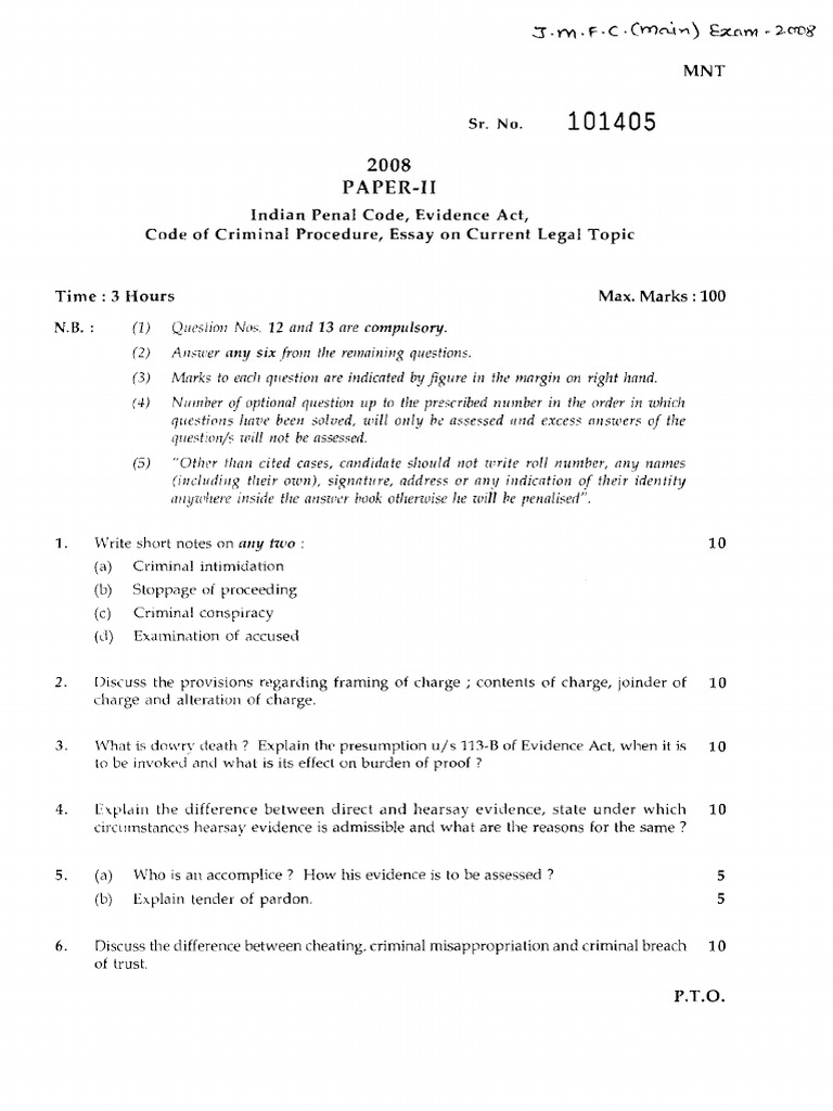 MPSC JMFC Main 2008 Paper 2 | PDF | Law Enforcement | Crime & Violence